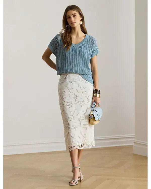 Ralph Lauren Paisley Eyelet Midi Pencil Skirt