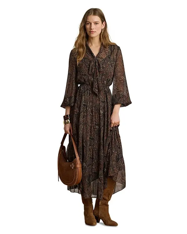 Ralph Lauren Paisley Georgette Tie Neck Tiered Dress