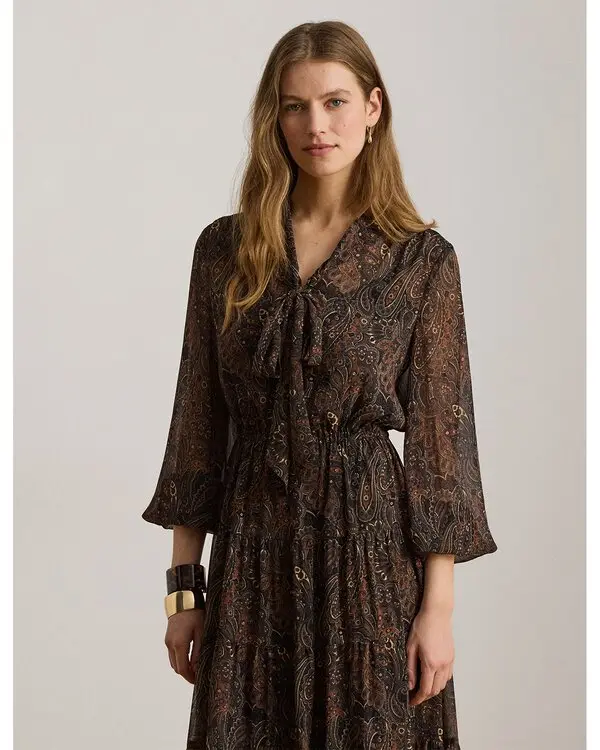 Ralph Lauren Paisley Georgette Tie Neck Tiered Dress