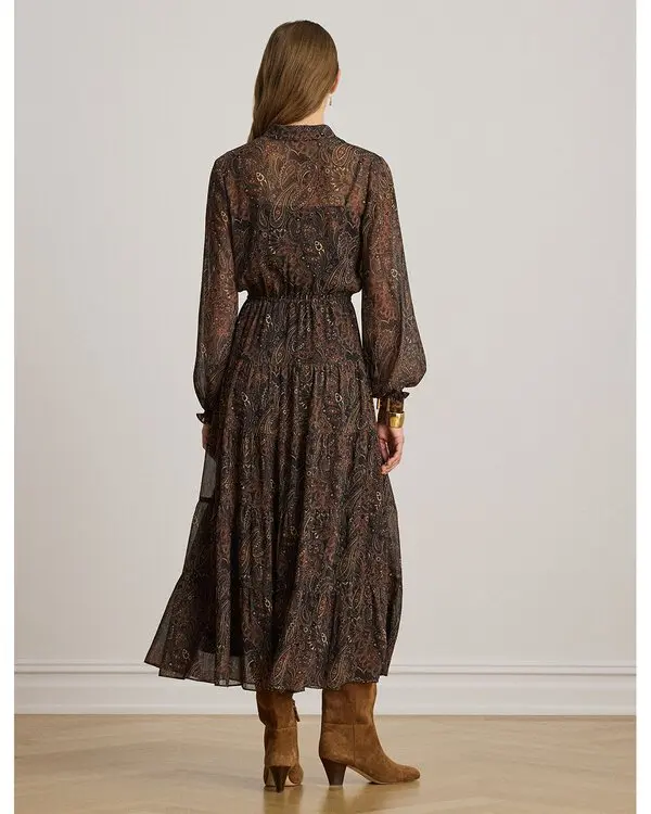 Ralph Lauren Paisley Georgette Tie Neck Tiered Dress