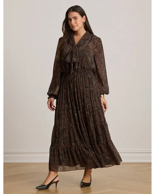 Ralph Lauren Paisley Georgette Tie Neck Tiered Dress
