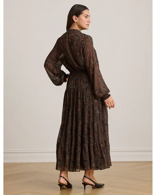 Ralph Lauren Paisley Georgette Tie Neck Tiered Dress
