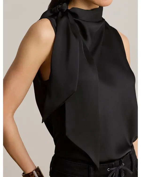 Ralph Lauren Sleeveless Tie Neck Charmeuse Blouse - Black
