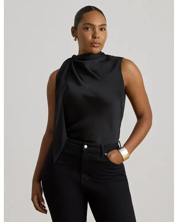 Ralph Lauren Sleeveless Tie Neck Charmeuse Blouse - Black