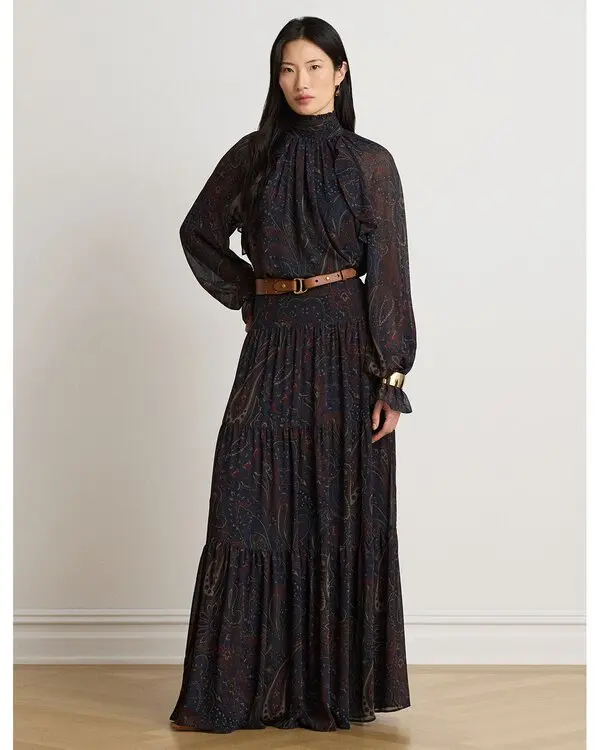 Ralph Lauren Paisley Georgette Tiered Maxi Skirt