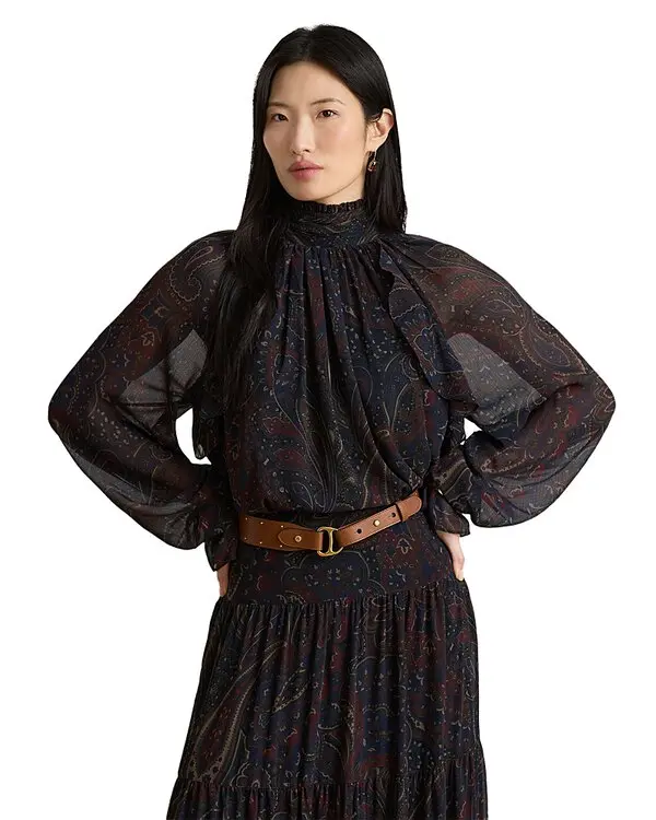 Ralph Lauren Paisley Print Georgette Mock Neck Blouse - Navy Multi