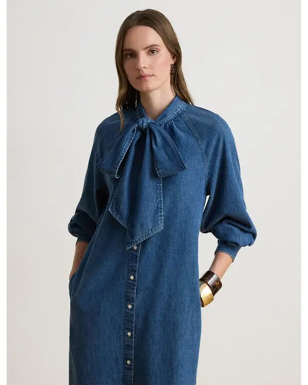 Ralph Lauren Cotton Denim Tie Neck Shirt Dress