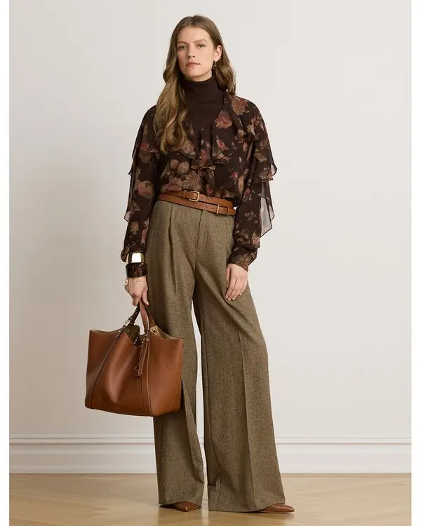 Ralph Lauren Petite Floral Ruffle Trim Chiffon V Neck Blouse