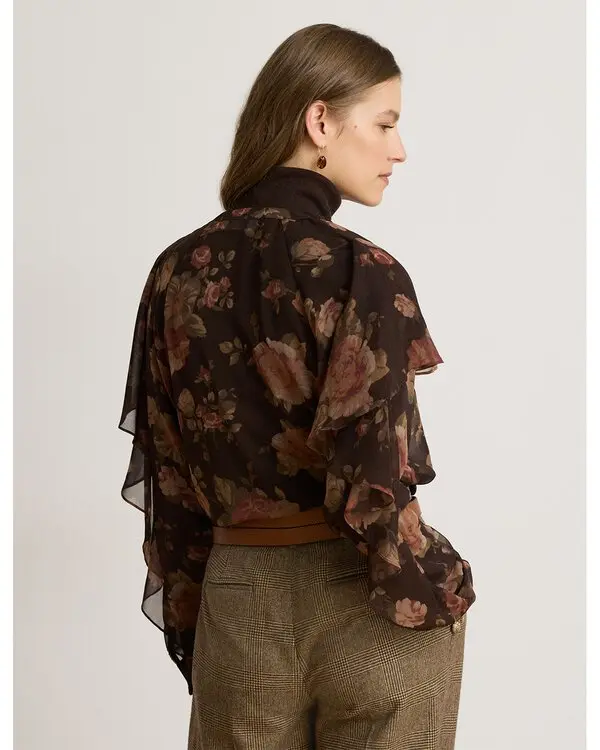 Ralph Lauren Petite Floral Ruffle Trim Chiffon V Neck Blouse