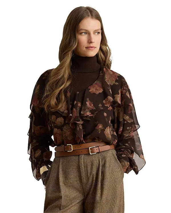 Ralph Lauren Floral V Neck Ruffle Trim Chiffon Blouse - Brown Multi