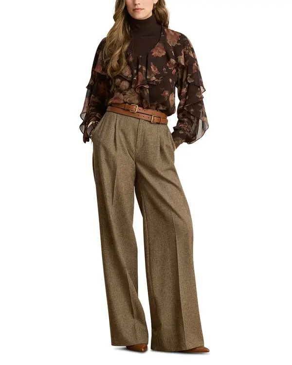 Ralph Lauren Floral V Neck Ruffle Trim Chiffon Blouse