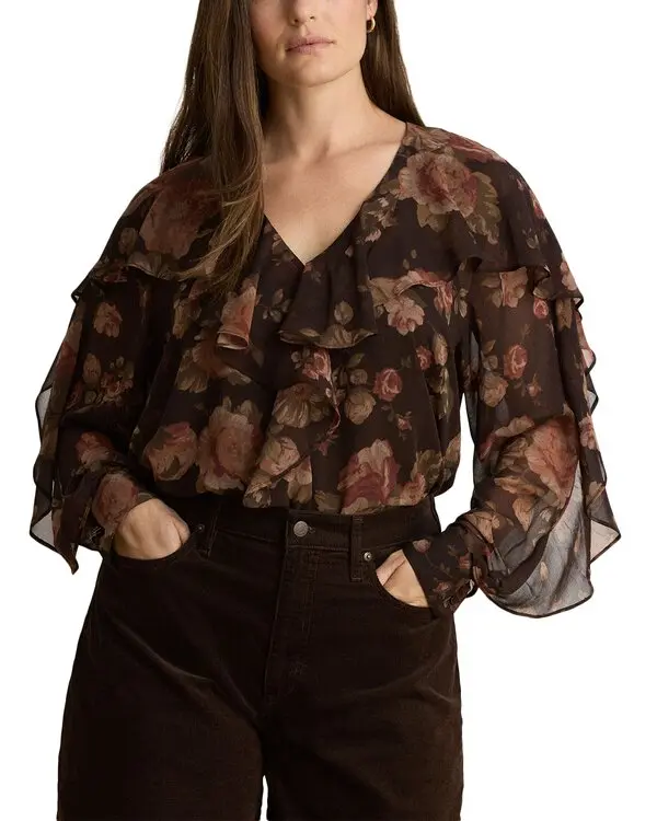 Ralph Lauren Floral V Neck Ruffle Trim Chiffon Blouse