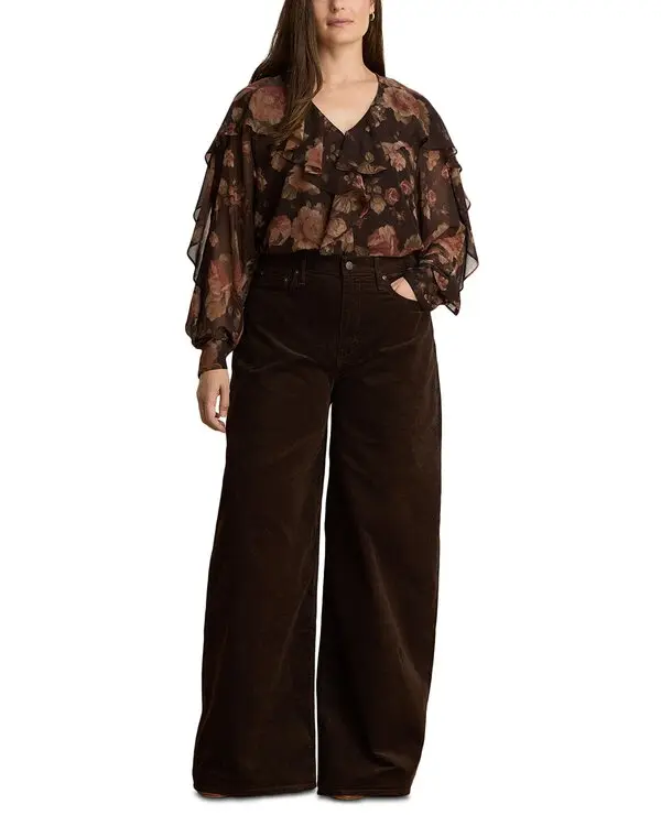 Ralph Lauren Floral V Neck Ruffle Trim Chiffon Blouse