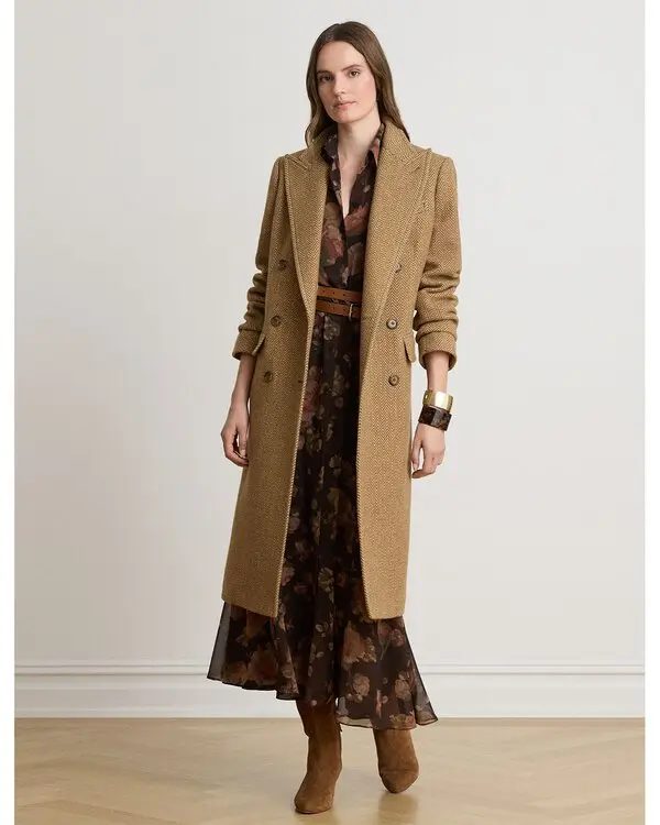 Ralph Lauren Double Breasted Wool Blend Herringbone Coat