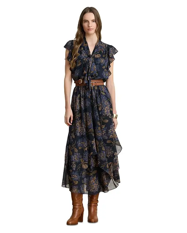 Ralph Lauren Crinkle Georgette Tie Neck Midi Dress
