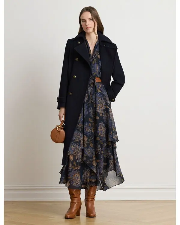 Ralph Lauren Crinkle Georgette Tie Neck Midi Dress