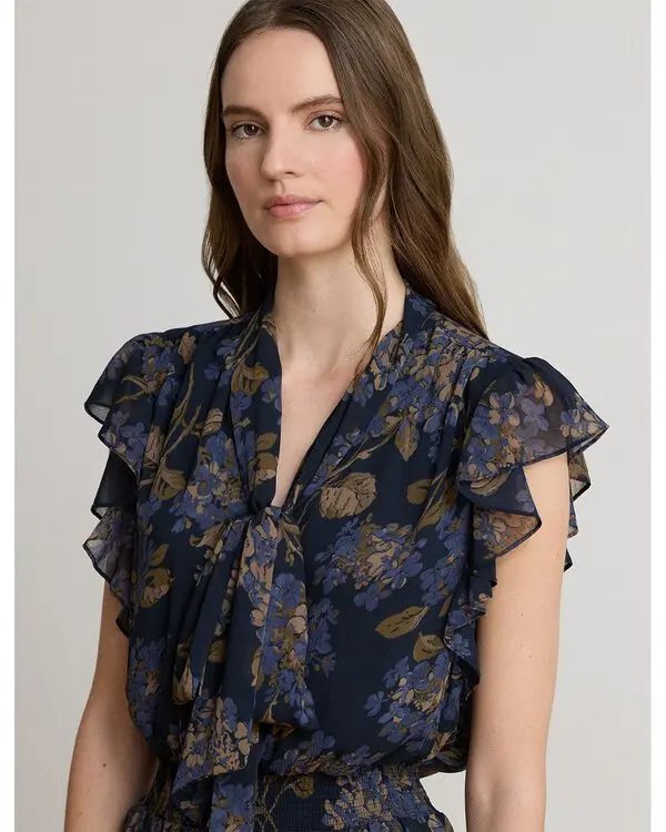 Ralph Lauren Crinkle Georgette Tie Neck Midi Dress