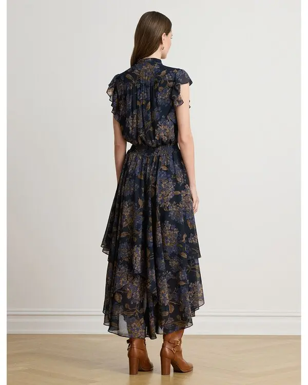 Ralph Lauren Crinkle Georgette Tie Neck Midi Dress