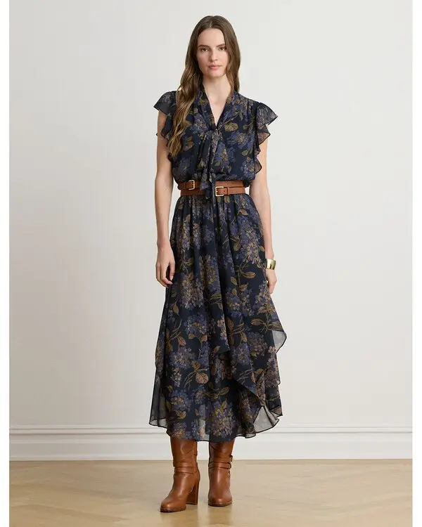Ralph Lauren Crinkle Georgette Tie Neck Midi Dress
