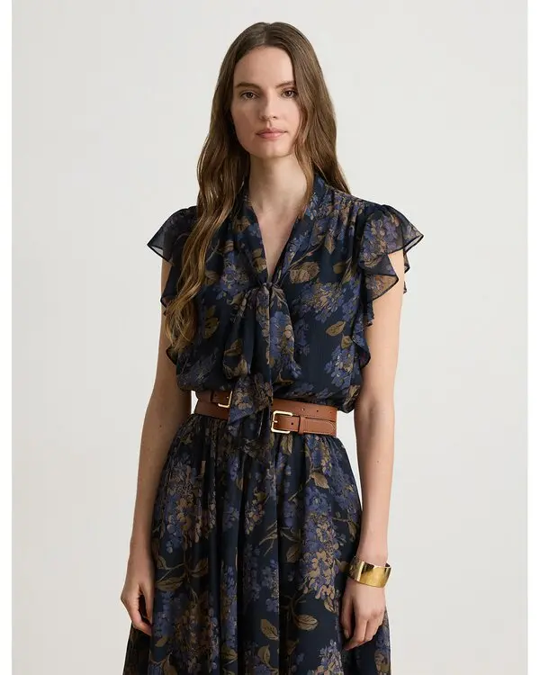 Ralph Lauren Crinkle Georgette Tie Neck Midi Dress