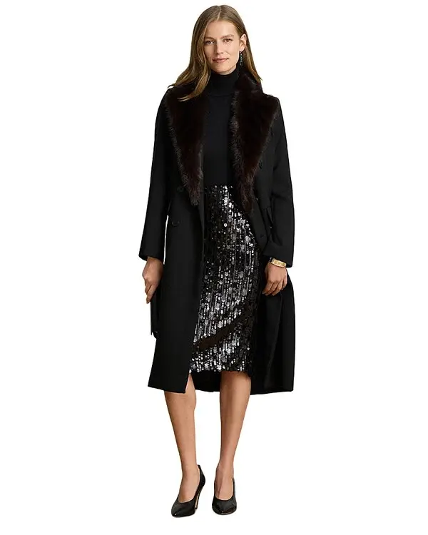 Ralph Lauren Faux Fur Trim Double Breasted Crepe Coat