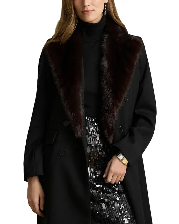 Ralph Lauren Faux Fur Trim Double Breasted Crepe Coat