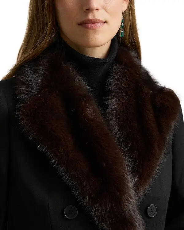 Ralph Lauren Faux Fur Trim Double Breasted Crepe Coat