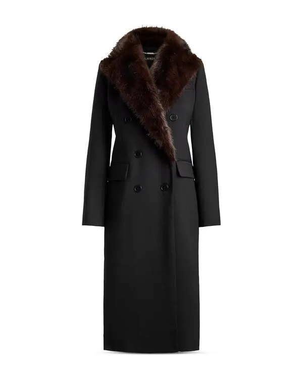 Ralph Lauren Faux Fur Trim Double Breasted Crepe Coat