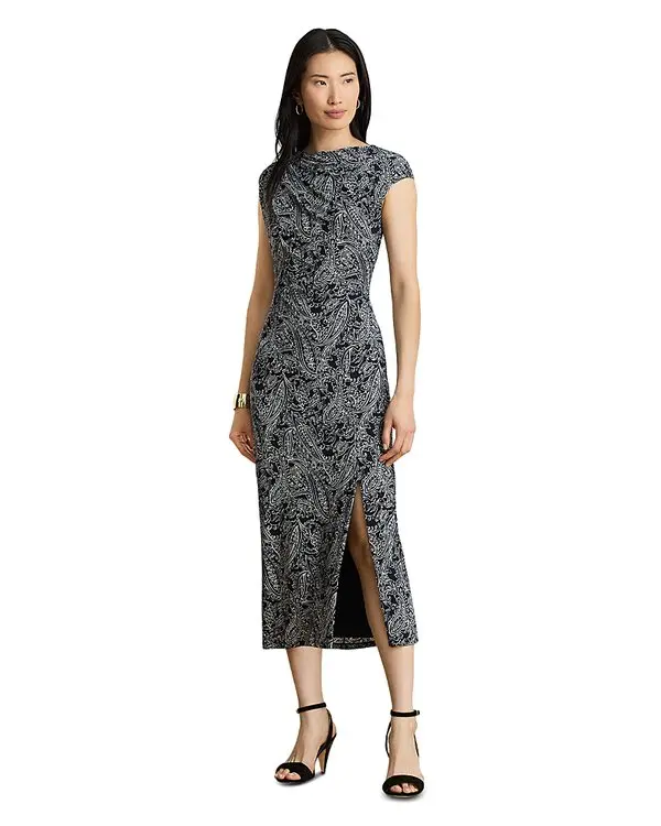 Ralph Lauren Paisley Stretch Jersey Cap Sleeve Dress - Navy/cream Multi