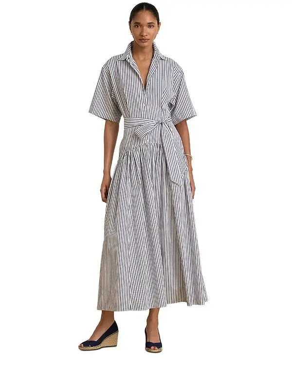 Ralph Lauren Striped Belted Cotton Broadcloth Shirtdress