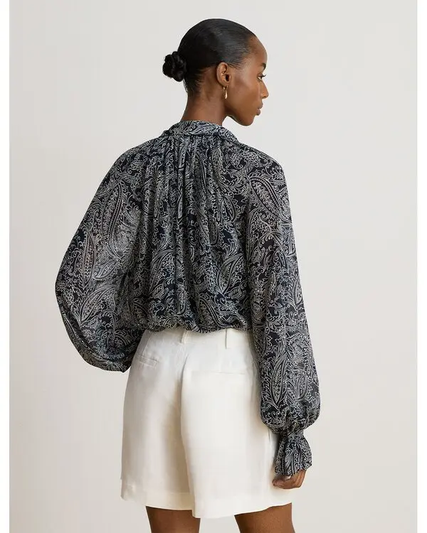 Ralph Lauren Paisley Georgette Tie Neck Ruffle Blouse