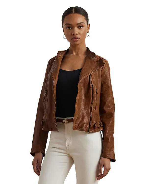 Ralph Lauren Burnished Leather Moto Jacket - Dark Walnut