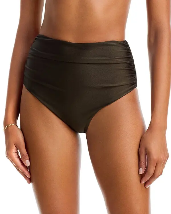 Simkhai Teya High Waist Shirred Bikini Bottom - Dark Olive