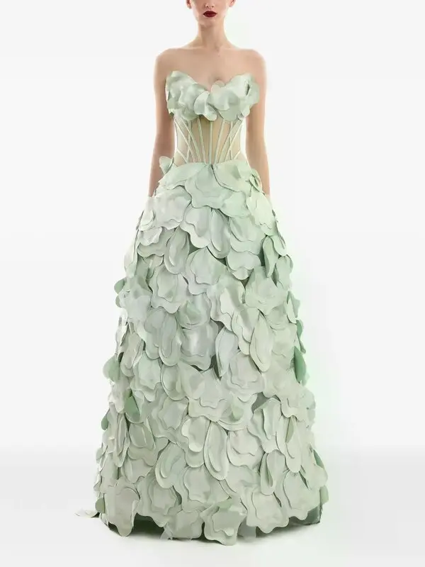 GEMY MAALOUF Petal-embellished Corset Gown - Green