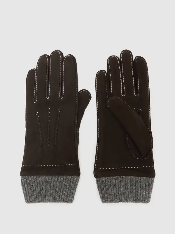 REISS Sadie Suede Ribbed-cuff Topstitched Gloves