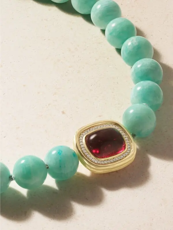 OCTAVIA ELIZABETH Orb 18-karat Gold, Diamond, Amazonite And Tourmaline Beaded Necklace