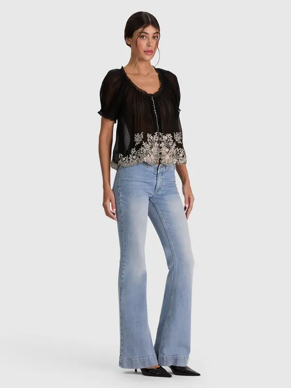 Alice + Olivia Odette Emrboidered Puff Sleeve Top