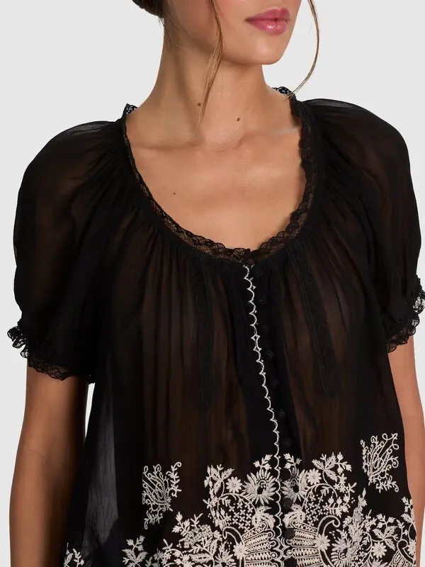 Alice + Olivia Odette Emrboidered Puff Sleeve Top
