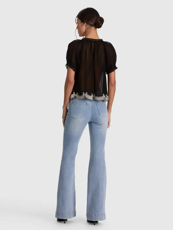 Alice + Olivia Odette Emrboidered Puff Sleeve Top