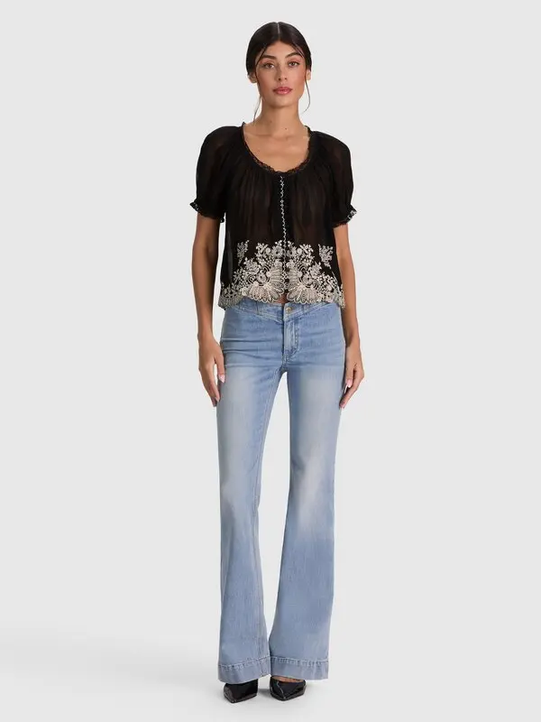 Alice + Olivia Odette Emrboidered Puff Sleeve Top