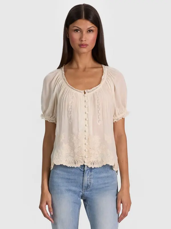 Alice + Olivia Odette Emrboidered Puff Sleeve Top