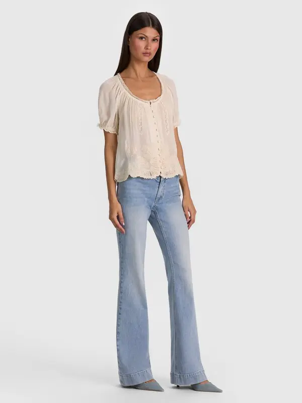 Alice + Olivia Odette Emrboidered Puff Sleeve Top
