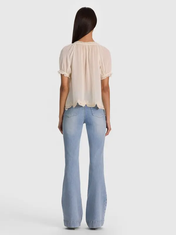 Alice + Olivia Odette Emrboidered Puff Sleeve Top