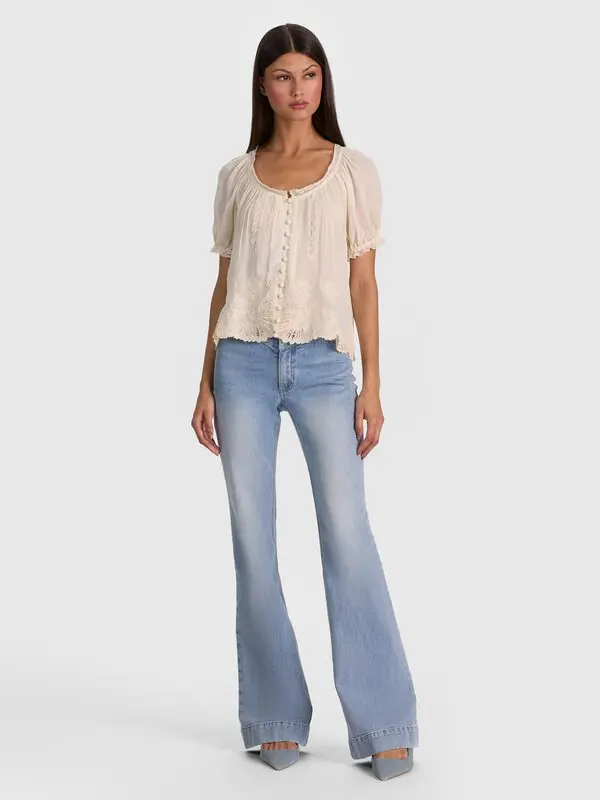 Alice + Olivia Odette Emrboidered Puff Sleeve Top