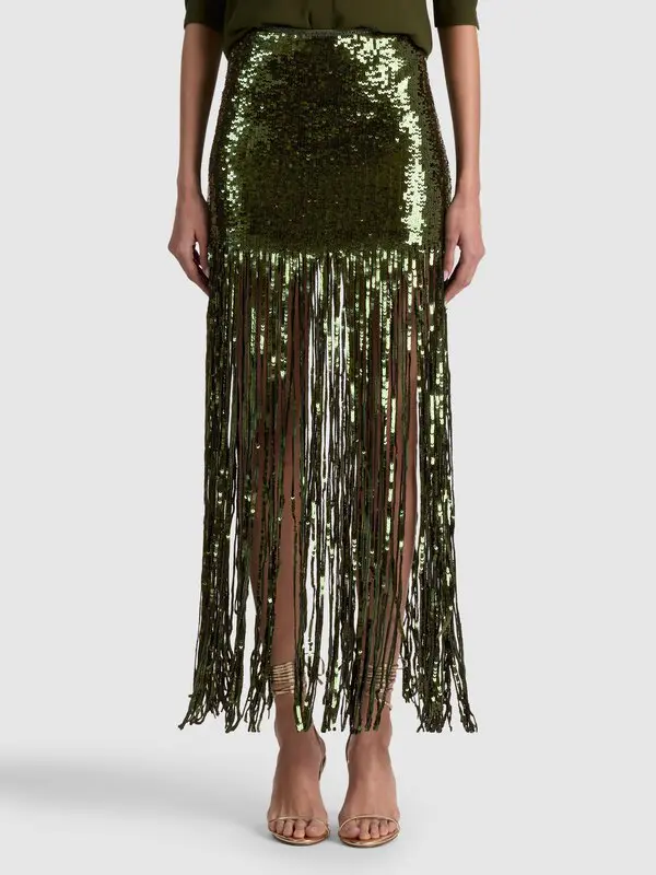 Alice + Olivia Kendra Sequin Fringe Maxi Skirt - Dark Fern
