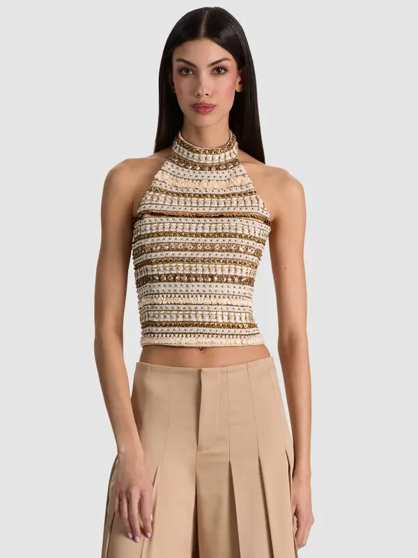 Alice + Olivia Gatz Linen Embellished Top