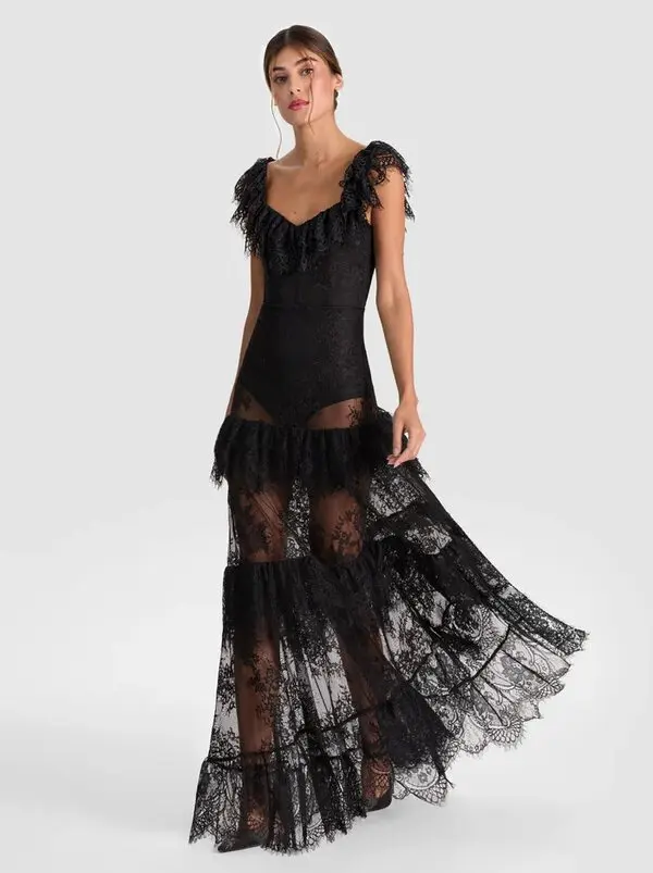 Alice + Olivia Myrna Lace Tiered Gown
