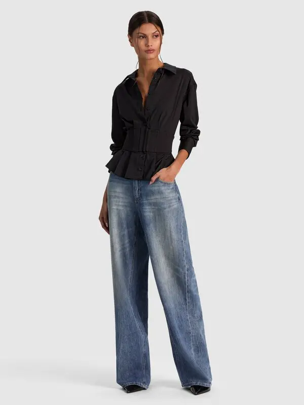 Alice + Olivia Edie Gathered Corset Button Down Top