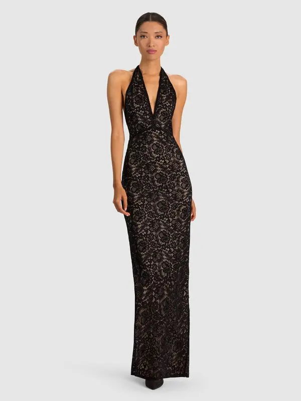 Alice + Olivia Estelle Foil Lace Halter Maxi Dress