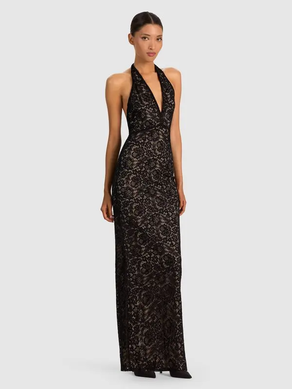 Alice + Olivia Estelle Foil Lace Halter Maxi Dress